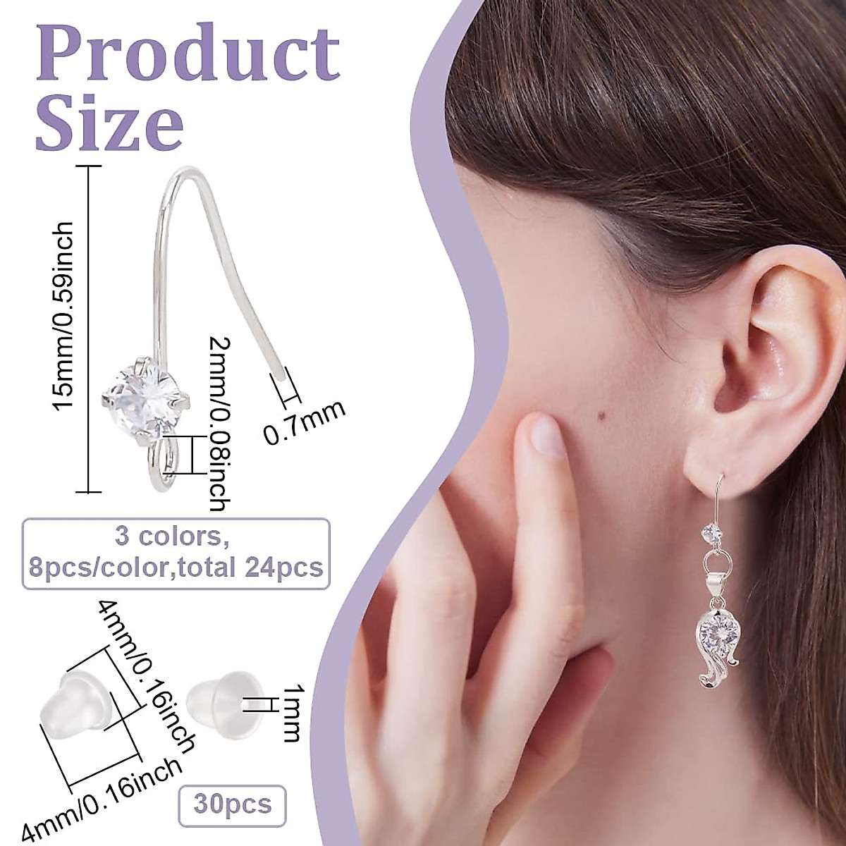 BENECREAT 24Pcs 3 Colors Cubic Zirconia Earring Hooks Rhinestone Earring Hooks, Brass Ear Wire Fish Hooks with Loop for DIY Jewelry Making Findings, Hole: 2mm