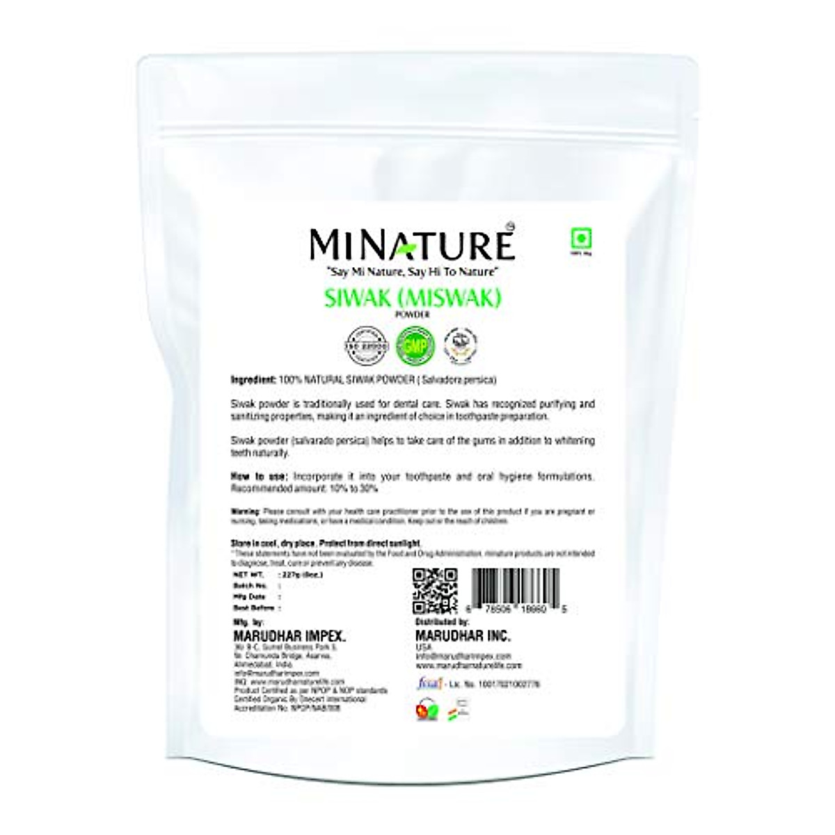 Miswak (Siwak) Powder by mi Nature | salvarado persica| 227g(8 oz) (0.5 lb) | 100% Only Miswak (siwak) Powder | Dental Care | Natural Toothpaste | Whitening Teeth | Oral Care