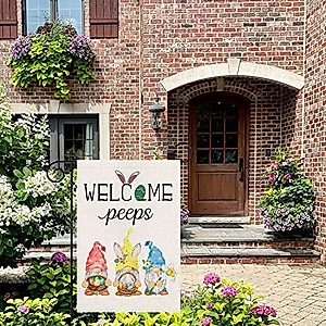 Easter Garden Flags 12x18 Double Sided - Spring Gnome Welcome Yard Flag Burlap Bunny Easter Outdoor Decorations Welcome Peeps