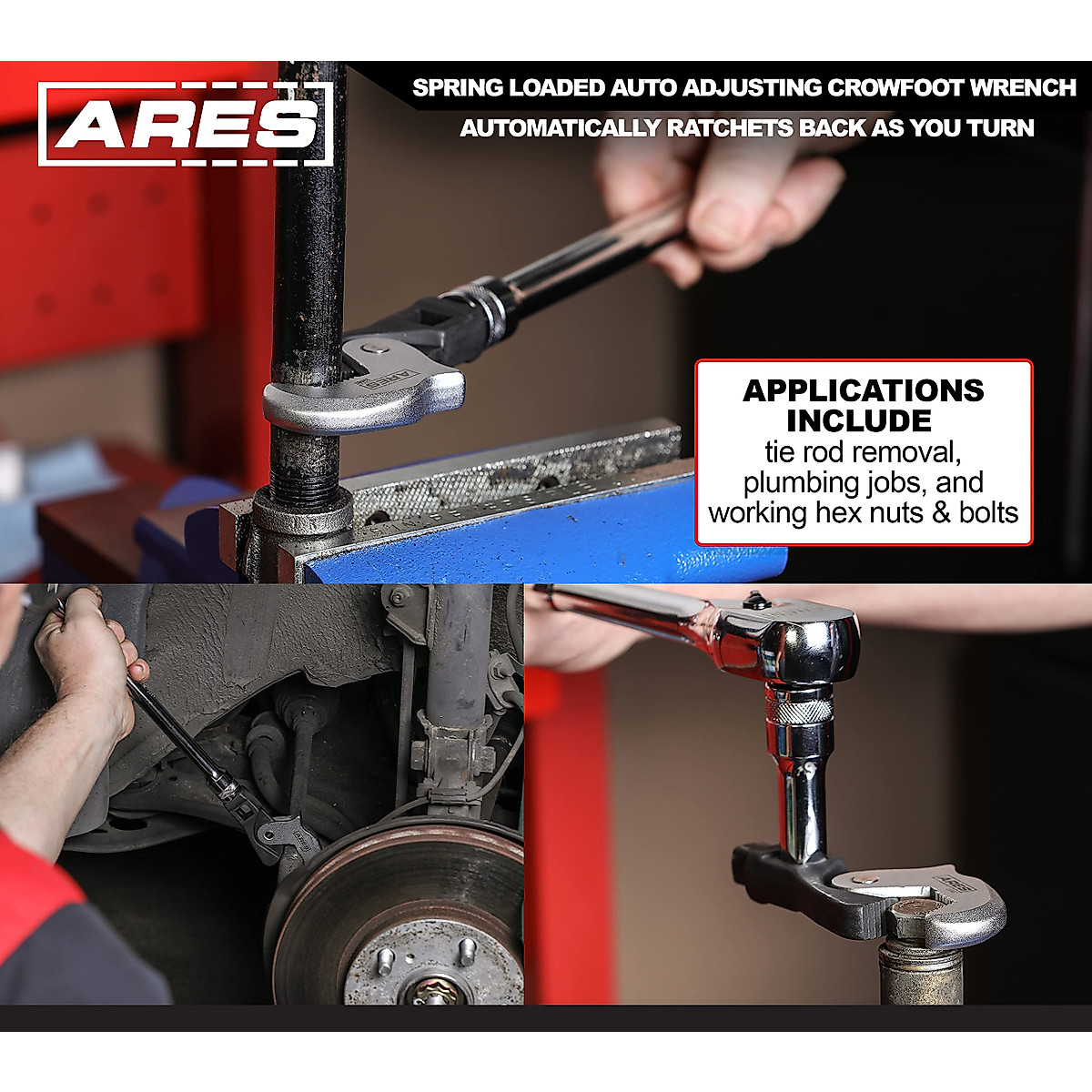 ARES 33009 – 3-Piece Auto Adjusting Crowfoot Wrench Set – Spring Loaded Adjustable Wrench Set with 5 to 32mm (3/16-Inch to 1 1/4-Inch) Coverage – Male & Female Square Drives