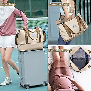 Travel Bag,Waterproof Duffel Gym Tote Bag,Weekender Carry On Overnight Bags for Women with Trolley Sleeve Wet Pocket,Travel Duffel Bags Hospital Bag, Beige Brown