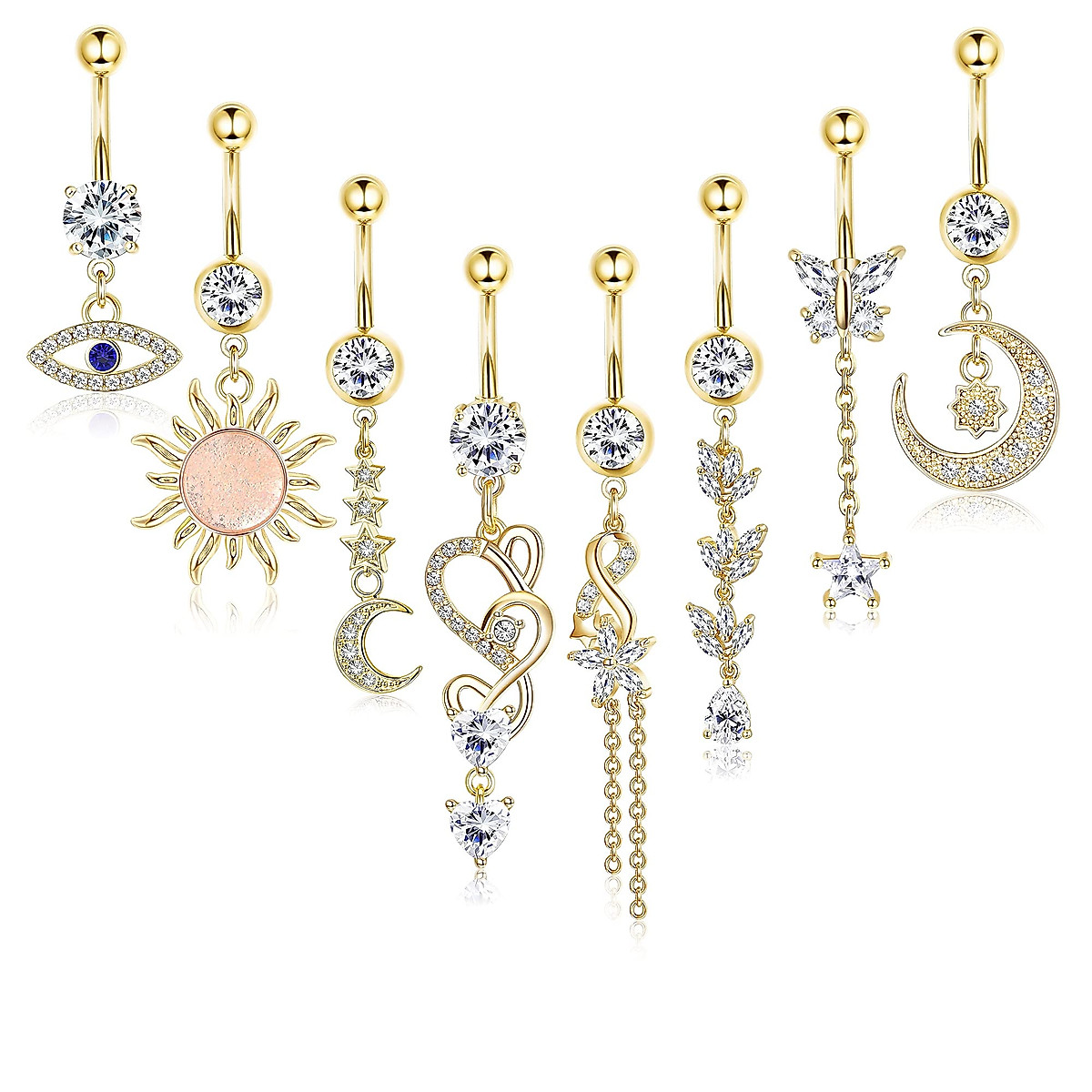 FIBO STEEL 8Pcs Stainless Steel Dangle Belly Button Rings for Women Evil Eye CZ Navel Rings Barbell CZ Body Piercing Jewelry 14G (Gold)