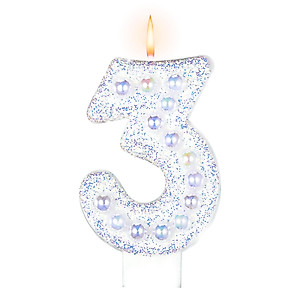 Saododku Birthday Candles, Number 3 Birthday Candle for Cake, Birthday Candles Sparklers with Holographic Colored Pearls, 3.35" Large Pearl Candles for Three Sweet Birthday Party Decoration Supplies