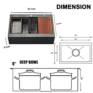 UFaucet 33x22 Inch Black Drop In Farmhouse Sink, 33 Inch Gunmetal Black Top Mount Farmhouse Kitchen Sink Single Bowl Topmount Apron Front Farm Sink Workstation Stainless Steel Sink