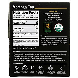 Buddha Teas Organic Moringa Tea - OU Kosher, USDA Organic, CCOF Organic, 18 Bleach-Free Tea Bags