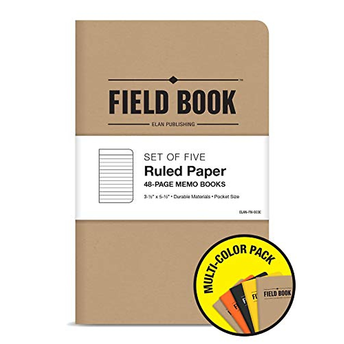 Field Notebook/Pocket Journal - 3.5"x5.5" - Combination of Kraft, Black, Orange, Yellow - Lined Memo Book - Pack of 5