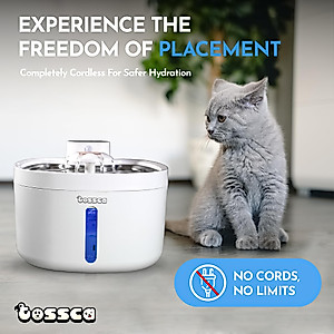 Tossca Wireless Cat Water Fountain | Rechargeable Battery Operated Automatic Dog Water Bowl Dispenser | Sensor Activated Hygienic Stainless Steel Cat Fountain | 5 Bonus Filters (2.6 L)