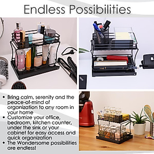 Wondersome Pull-Out Spice Rack Organizer for Cabinet Shelf - Matt Black - 2-Tier Kitchen Jars Organization and Storage Tray - EZ-Slide Rolling Drawer Wheels - Assembles in Moments - US-Based Brand