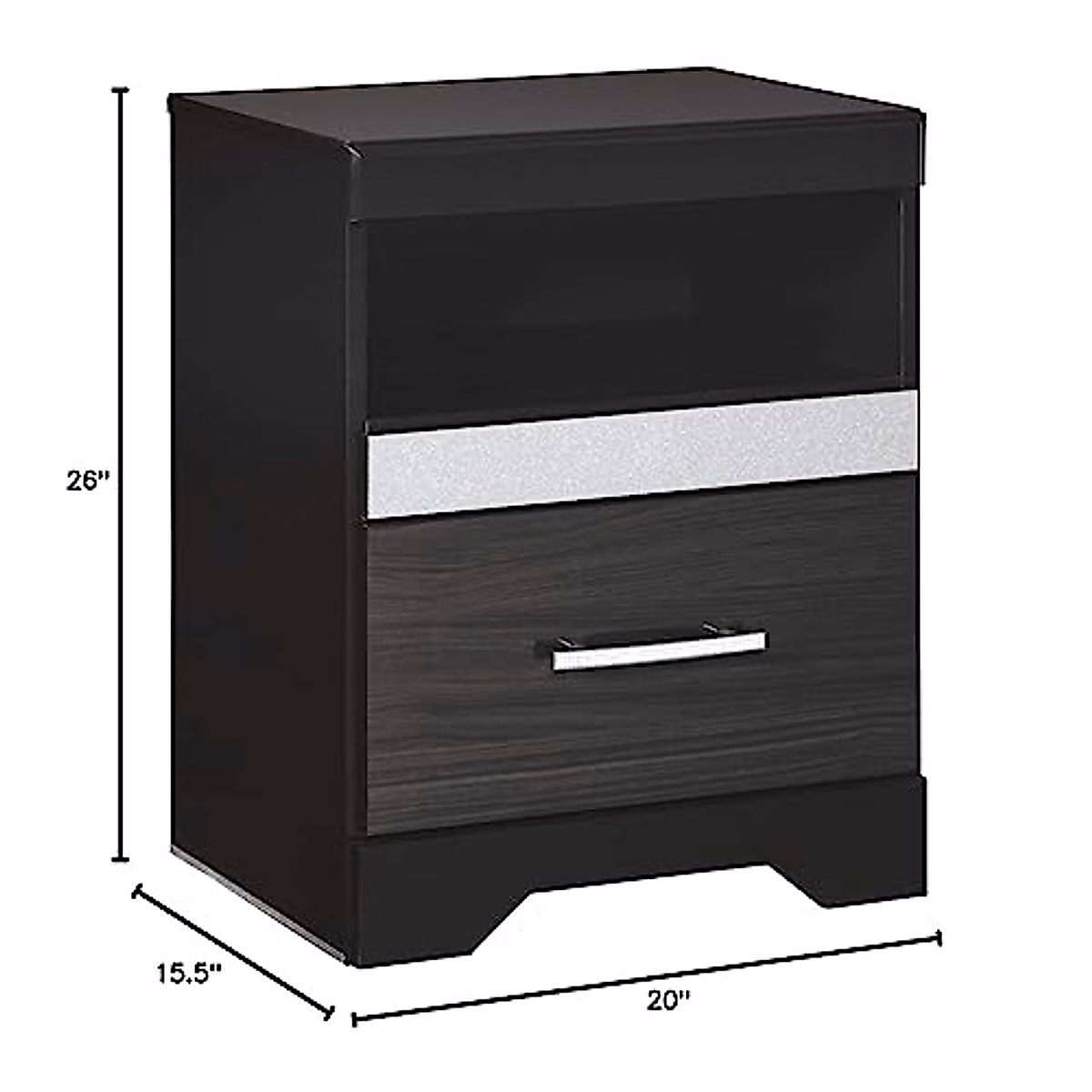Signature Design by Ashley Starberry Glam 1 Drawer Nightstand with 2 Slim-Profile USB Charging Stations & Silvertone Glitter Accents, Black