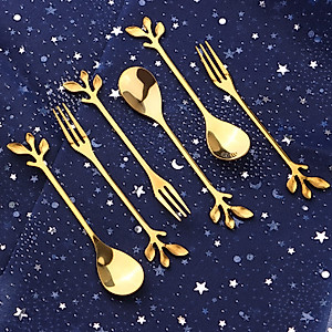12pcs Stainless Steel Gold Leaf Coffee Spoon and Cake Fruit Forks Kitchen Accessory Wedding Party for Dessert, Salad, Appetizer, Spoon and Fork Set(6 Forks + 6 Spoons) (Gold)