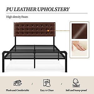 Yaheetech Queen Size Bed Frame, Metal Platform Bed with Faux Leather Height-Adjustable Headboard/12 Inch Underbed Storage/Noise Free/No Box Spring Needed/Industrial Pipe Foot End, Elegant Brown