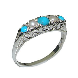 925 Sterling Silver Natural Turquoise and Cultured Pearl Womens Band Ring - Size 7.75