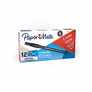 Paper Mate EraserMate Erasable Pen, Medium Point, Black, Box of 12