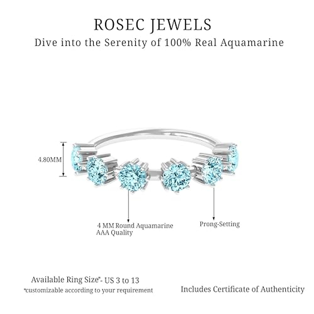 Natural and Certified Aquamarine Wedding Anniversary Ring, AAA Quality, Stackable Ring for Women - March Birthstone, 14K Rose Gold, Size:US 9.00