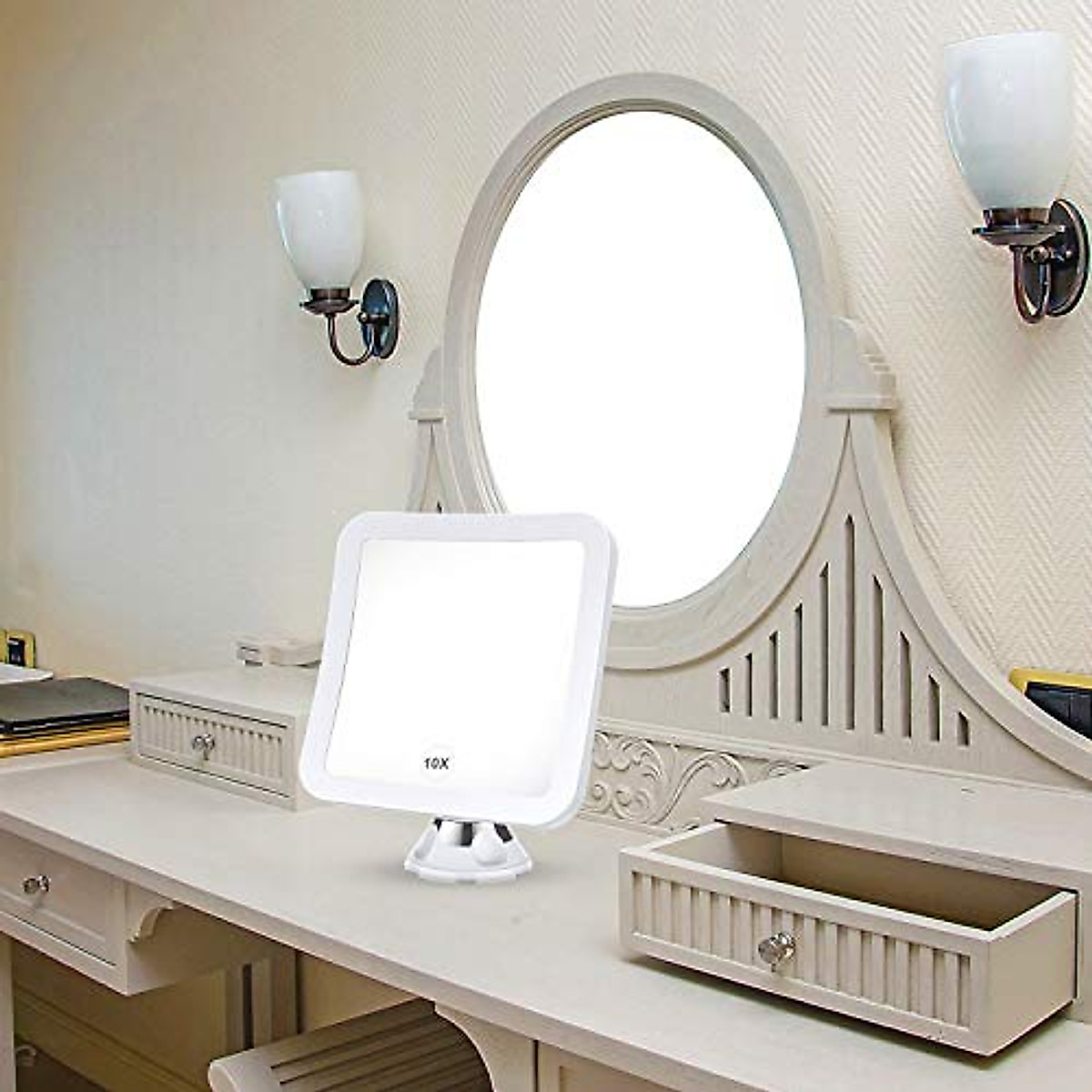 Upgraded 10x Magnifying Lighted Makeup Mirror with Natural White LED Lights, 360°Swivel Portable Cordless Makeup Mirrors with Locking Suction Base for Home Bathroom Shower and Travel (Medium)