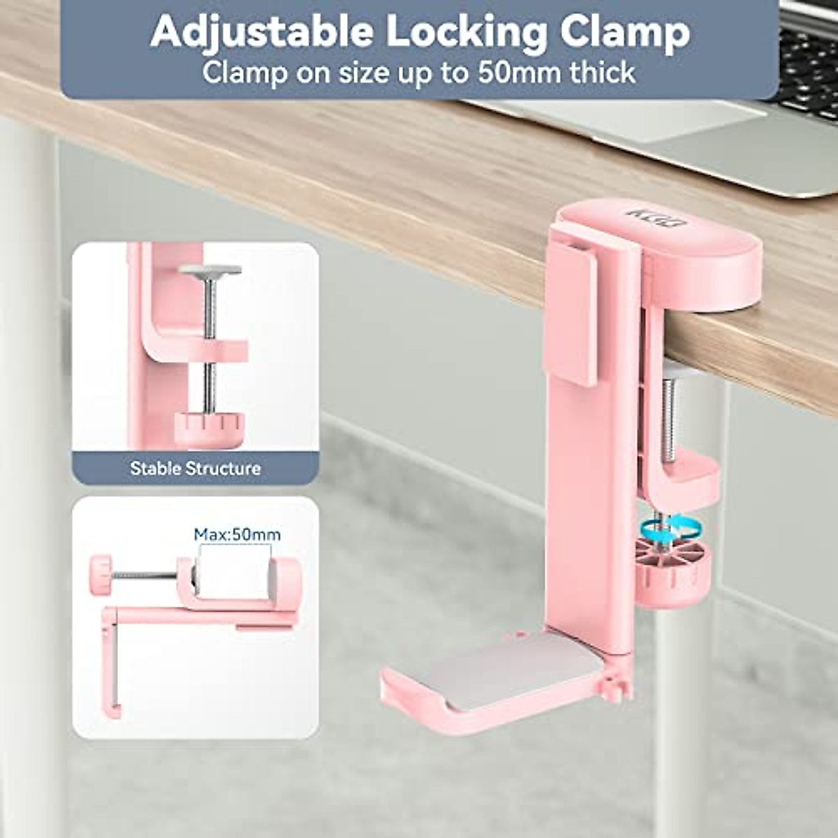 KDD Rotatable Headphone Hanger - 3 in 1 Under Desk Clamp Controller Stand Replaceable Cup Holder - Compatible with Universal Headset, Controller, Cup(Pink)