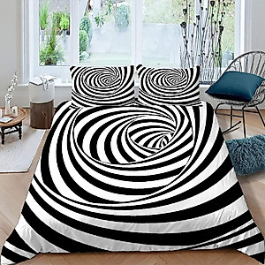 Duvet Set Psychedelic Black And White Illusion Lines Swirl Complete Bedding Set Microfiber Printed Design With 2x Pillow Cases(20"x36") Bedding Quilt Cover With Zipper, California King(104"x98")