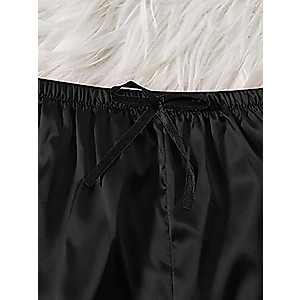 WDIRARA Women' Silk Satin Pajamas Set 4pcs Lingerie Floral Lace Cami Sleepwear with Robe Black Belted M