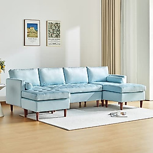 ORRD U-Shape Convertible Sectional Sofa, Modular Sleeper Couch Chaise Modern 6 Seater Velvet Sofa for Living Room, Bedroom, Apartment (Light Blue)
