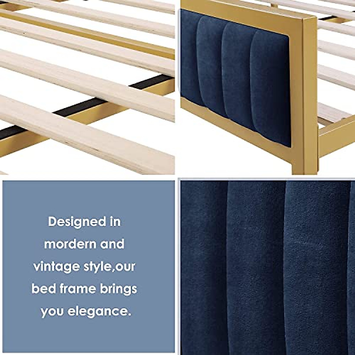 HIFIT Bed Frame Queen Size, Queen Bed Frame with Headboard, Heavy Duty Metal Foundation, Upholstered Bed Frame with Velvet Tufted Headboard, Wood Slat Support, No Box Spring Needed, Gold & Navy Blue