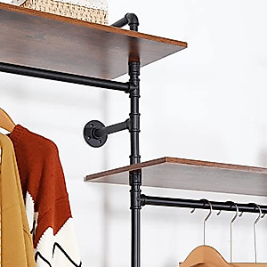 EDCB Industrial Pipe Clothing Rack with 2 Shelves, Clothes Rack Wall Mounted Heavy Duty Hanging Rack Clothing Store Display Stands Garment Rack Closet System(Black, 96.5x80.7inch)