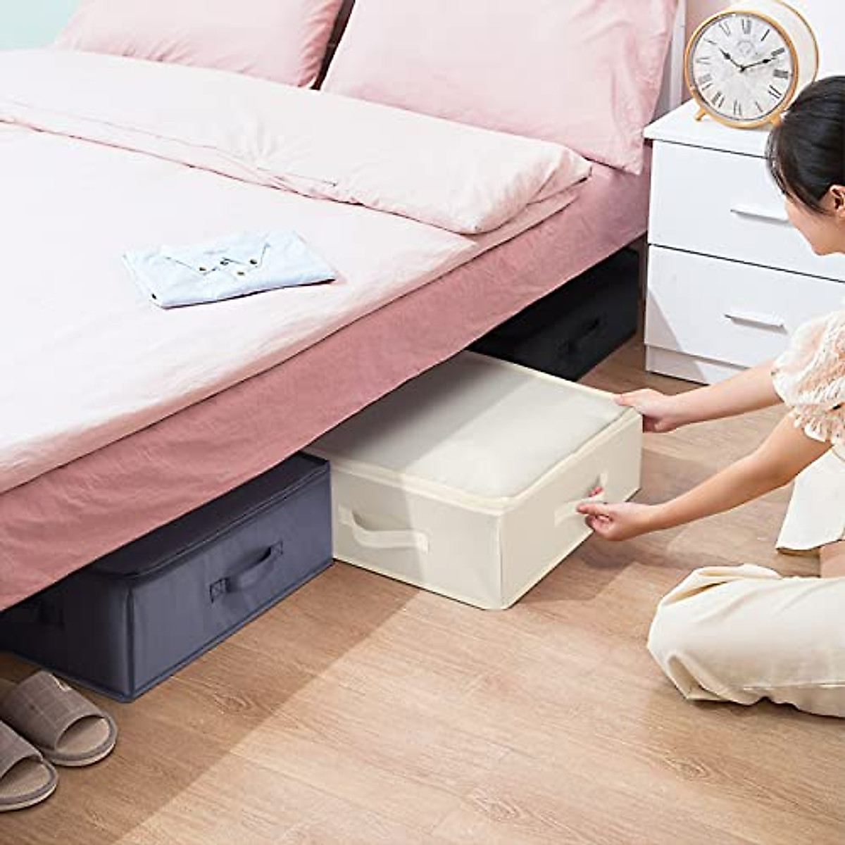 NesTidy 2 Pack Under Bed Storage, 32x17x6 Inch Fabric Under Bed Storage Containers with Side Wall and Hard Bottom, Under The Bed Storage with Handles and Lid for Clothes, Toys, Blanket storage (Gery)