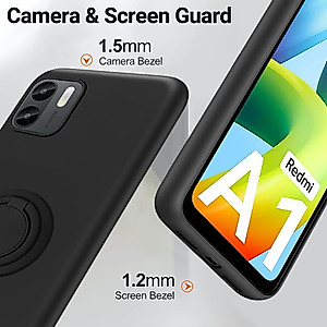 for Xiaomi Redmi A1/Redmi A2 Phone Case with Glass Screen Protector, 360° Rotatable Ring Holder Magnetic Kickstand/Stand Silicone TPU Shockproof Protective Cover Case for Xiaomi Redmi A1 4G - Black
