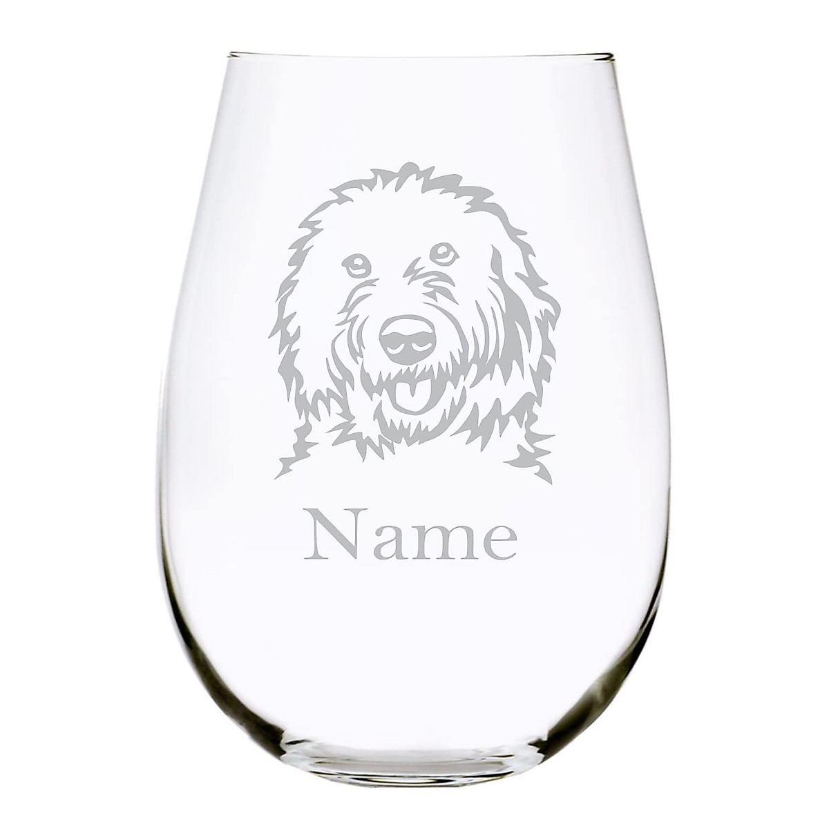 Goldendoodle dog themed with name 17 oz. stemless wine glass