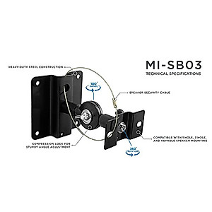 Mount-It! Speaker Mount for Wall and Ceiling, Low Profile Heavy Duty, Anti-Theft, Universal for Channel Surround Sound and Satellite Speakers, Black, 2 Mounts