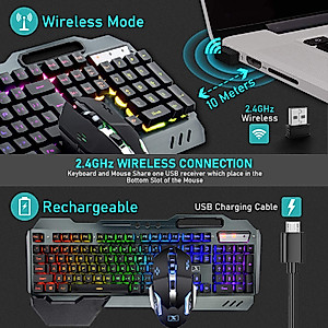 Wireless Gaming Keyboard Mouse and Wired Computer Speaker with Rainbow RGB Backlit Rechargeable Battery Metal Mechanical Ergonomic Waterproof Dustproof Removable Palm Rest for Laptop PC Gamer(Black)