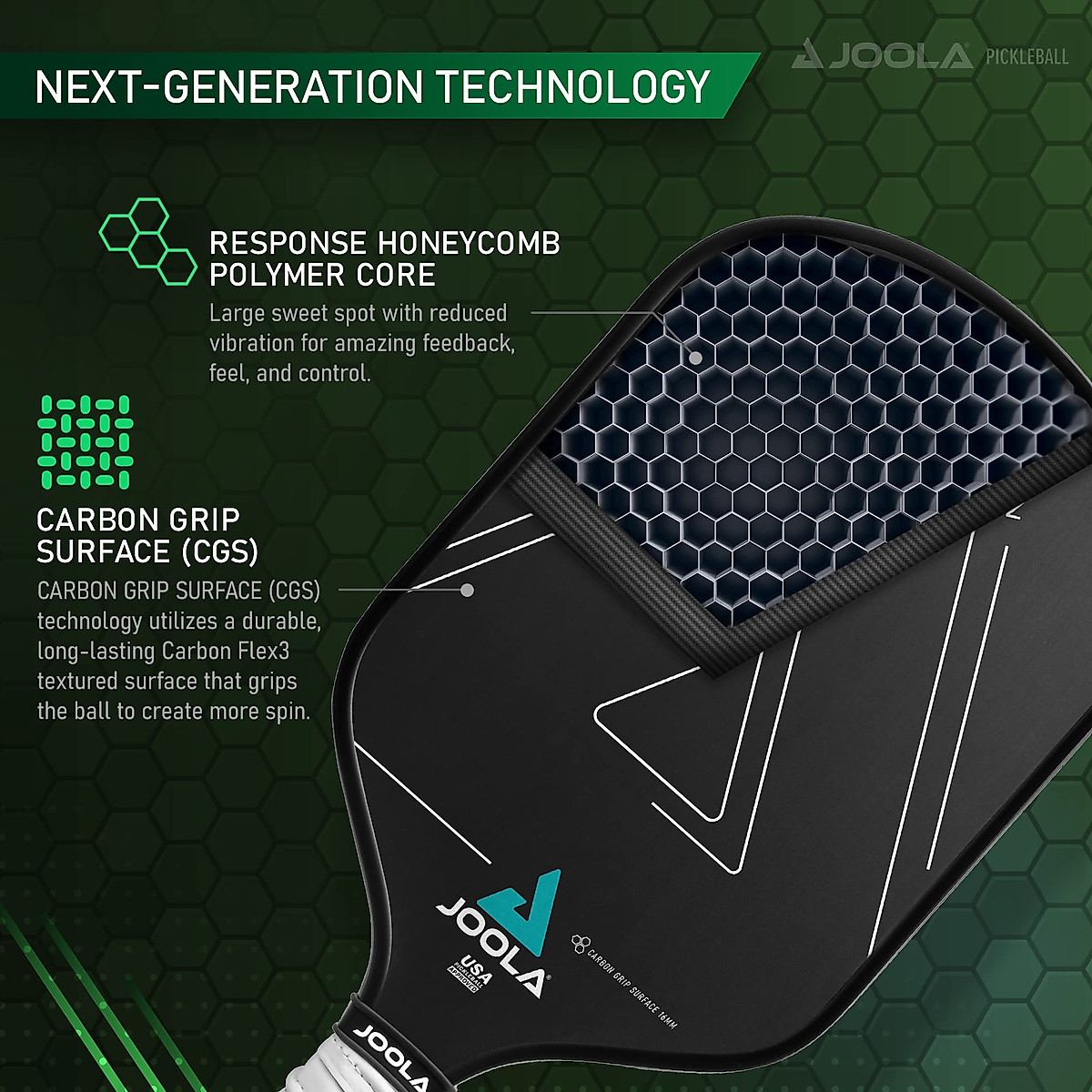 JOOLA Vision Pickleball Paddle with Textured Carbon Grip Surface Technology for Maximum Spin and Control with Added Power - Polypropylene Honeycomb Core Pickleball Racket 16mm