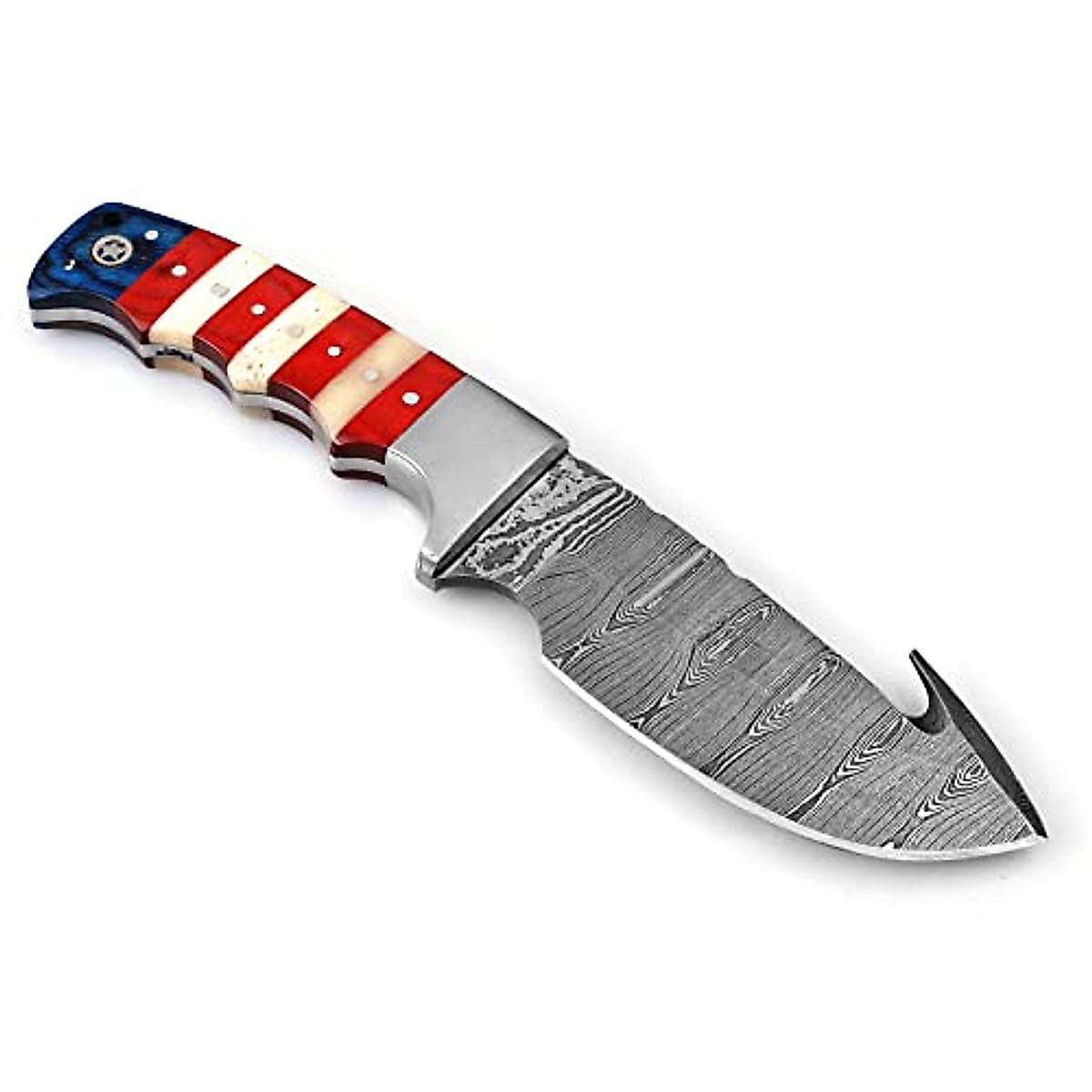 zZZ Damascus Gut Hook Skinning hunting Knife With Leather Sheath- Best Damascus Steel American Flag Hunting Knife
