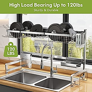 MAJALiS Dish Drying Rack Over The Sink, 304 Stainless Steel 2 Tier Dish Drainers for Kitchen Counter, Adjustable Length (33.5-36 in), Over The Shelf Kitchen Organizer, Sliver