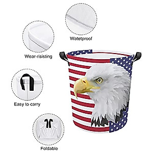 American Flag Bald Eagle Large Laundry Basket Hamper Bag Washing with Handles for College Dorm Portable