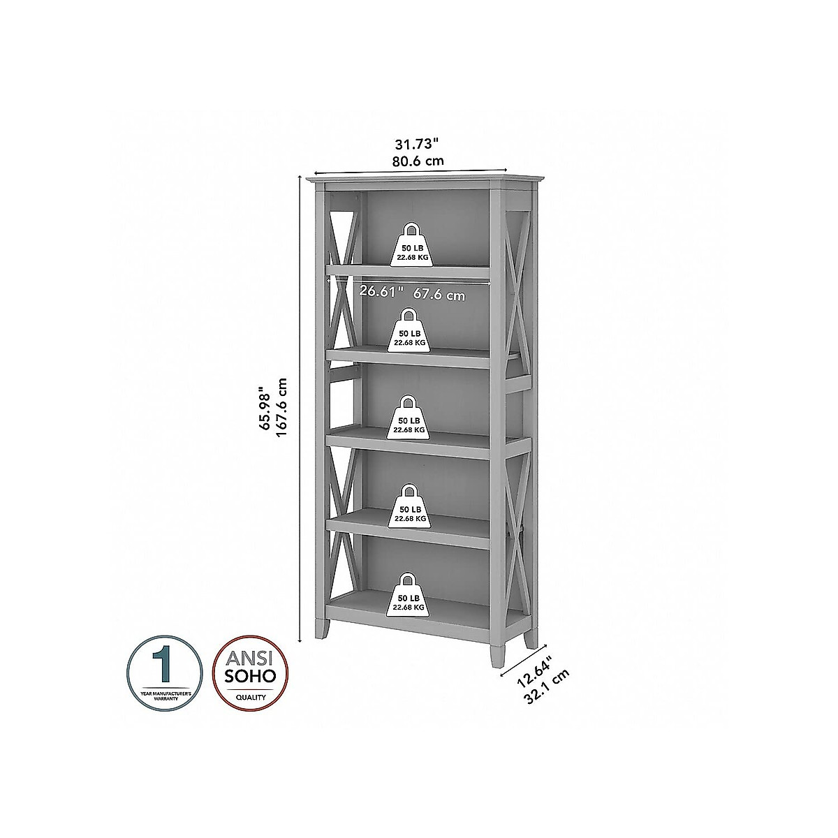 Bush Furniture Key West Bookcase Shelf in Cape Cod Gray | Farmhouse Bookshelf Display Cabinet for Library, Bedroom, Living Room, and Office