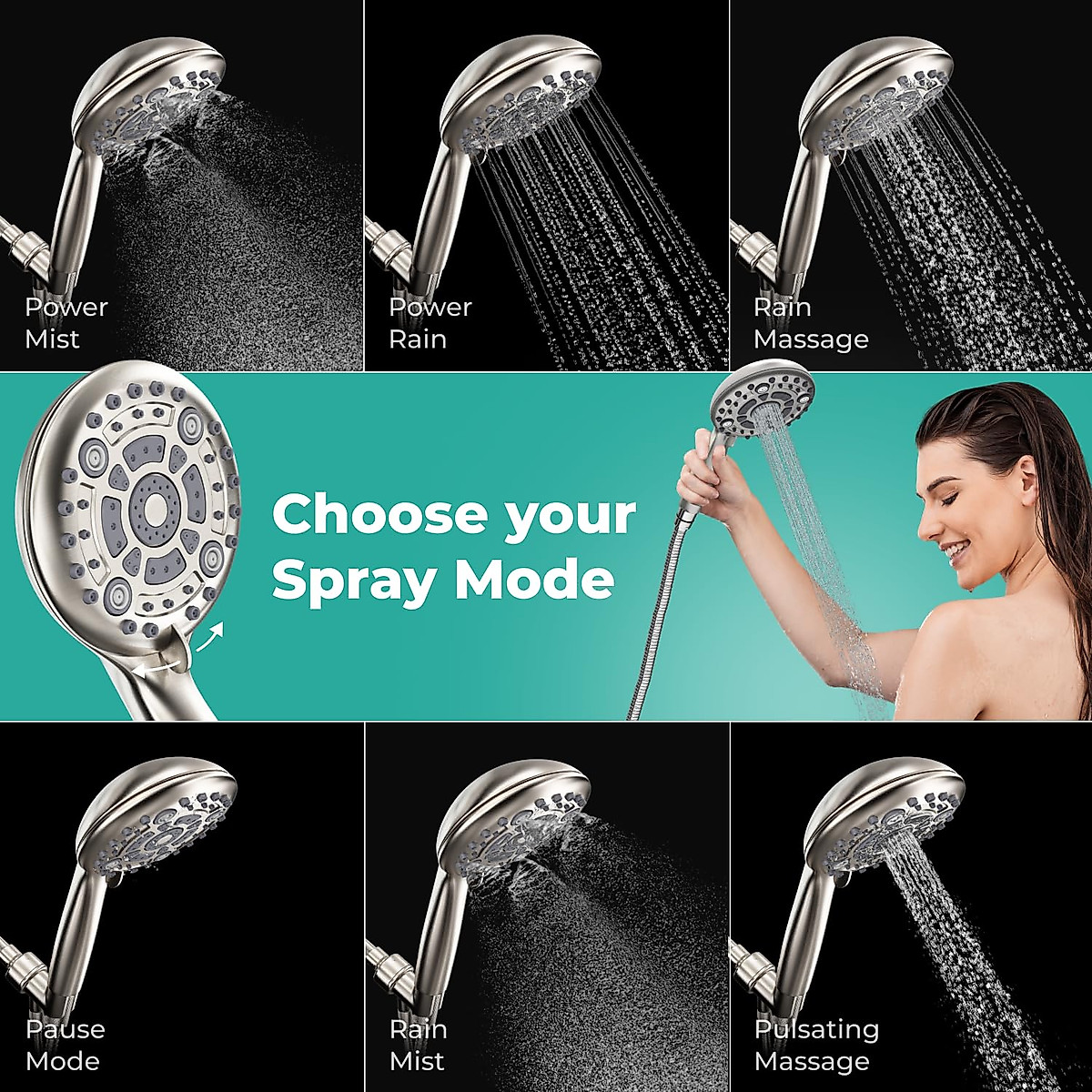 LOKBY Water Saving High Pressure Shower Head with Handheld Set - Detachable Rain Shower Head Set 6-Mode for Low Flow - Removable Hand Held Shower Head with Hose 59'' - No Tool 1-Min Install - Nickel
