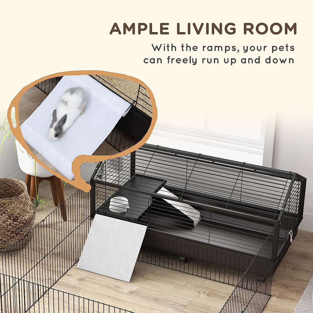 PawHut Small Animal Cage with Foldable Run Area, Rolling Bunny Cage, Guinea Pig Cage, Hedgehog Cage with Water Bottle, Water Bowl, and Ramps, 46.5"
