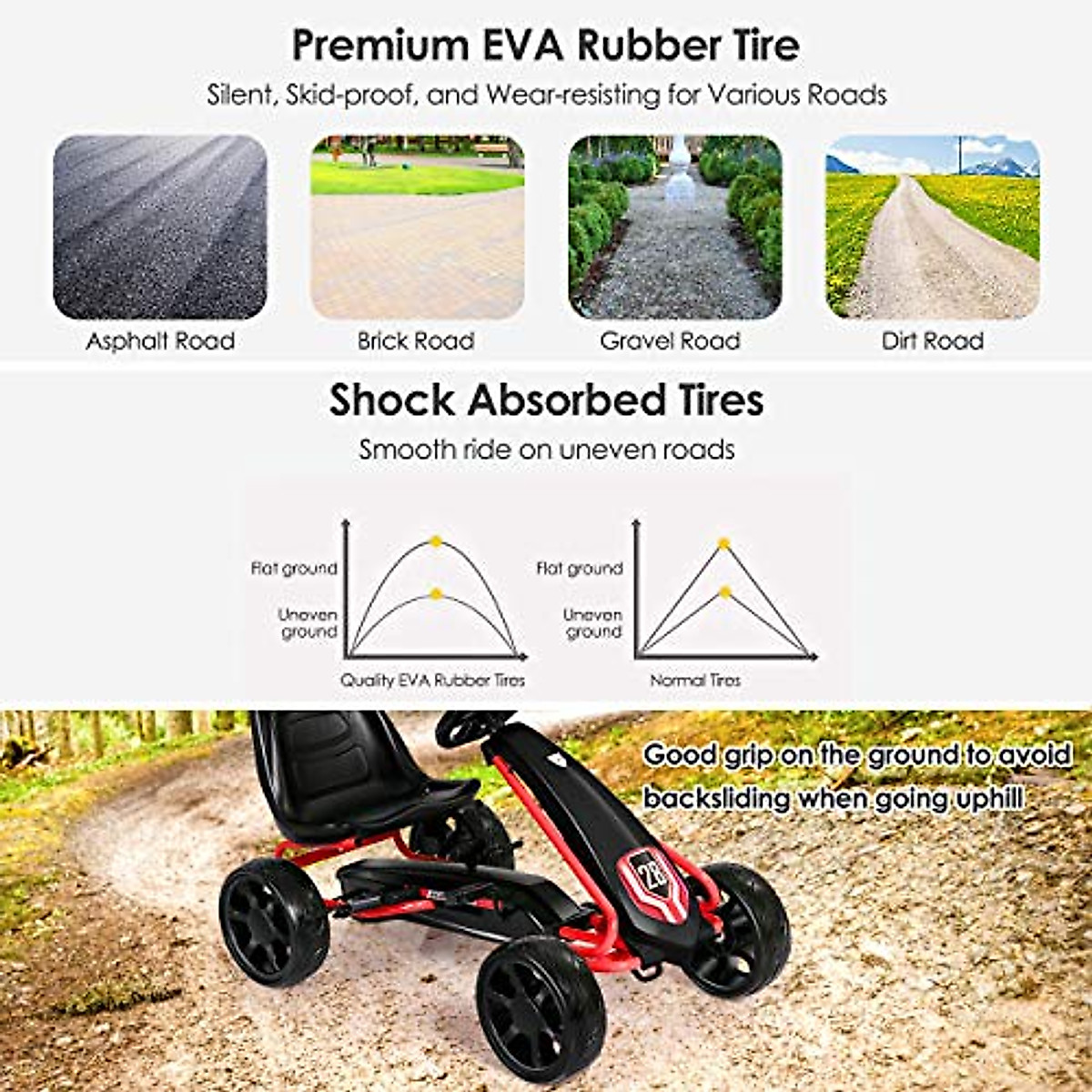 Costzon Pedal Go Kart for Kids, 4 Wheels Pedal Powered Ride on Toy, Outdoor Racer Children's Foot on Riding Car w/Adjustable Seat, Rubber Tires & 2 Brakes for Boys & Girls Age 3 to 8 (Black)