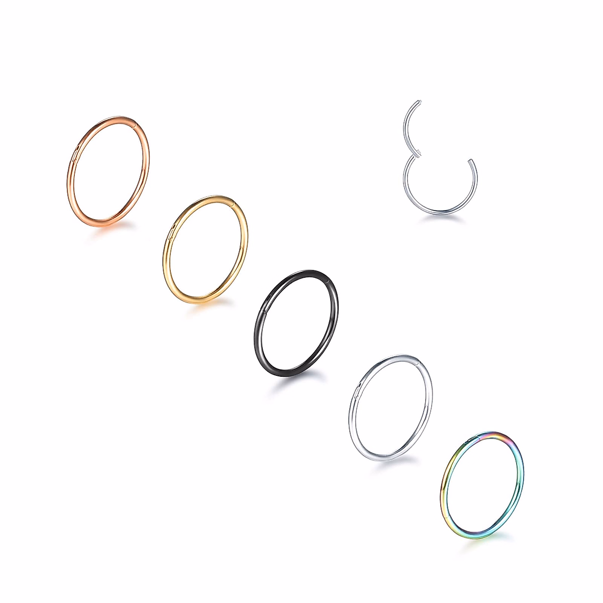 Aumeo 14G 16G 18G 20G Nose Ring Hoop Stainless Steel Hinged Segment Ring Hoop Nose Clicker Ring Tragus Helix Cartilage Daith Rook Earring Piercing Jewelry for Women Men(5pcs 20g 8mm mixed colors)