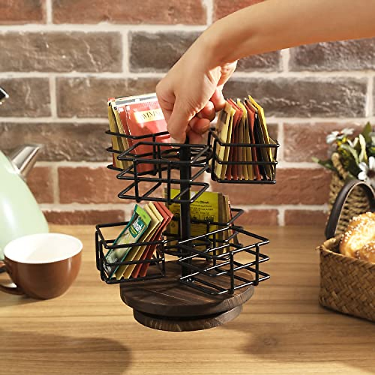 MyGift Black Metal Wire Tea Organizer Spinning Carousel Teabag Holder Basket with Dark Brown Wood Base, 6-Compartment Tea and Coffee Station Condiment Rack
