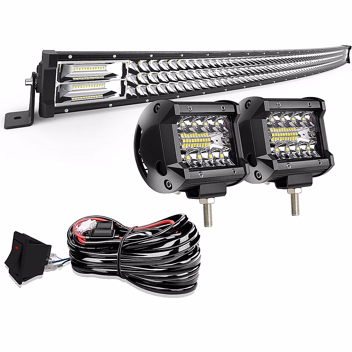 LED Light Bar AUSI 50" Curved 684W Triple Row Light Bars + 2PCS 4in 60W LED Pods Off Road Driving Fog Lights with Rocker Switch Wiring Harness Kit for Trucks Polaris ATV SUV Boat Lighting