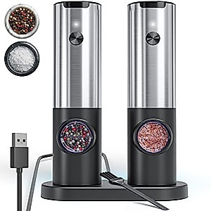 Electric Salt and Pepper Grinder Set with Rechargeable Base, Stainless Steel Salt and Pepper Grinders/Mill with Adjustable Coarseness, Refillable Salt and Pepper Shakers with LED Light, a Pair