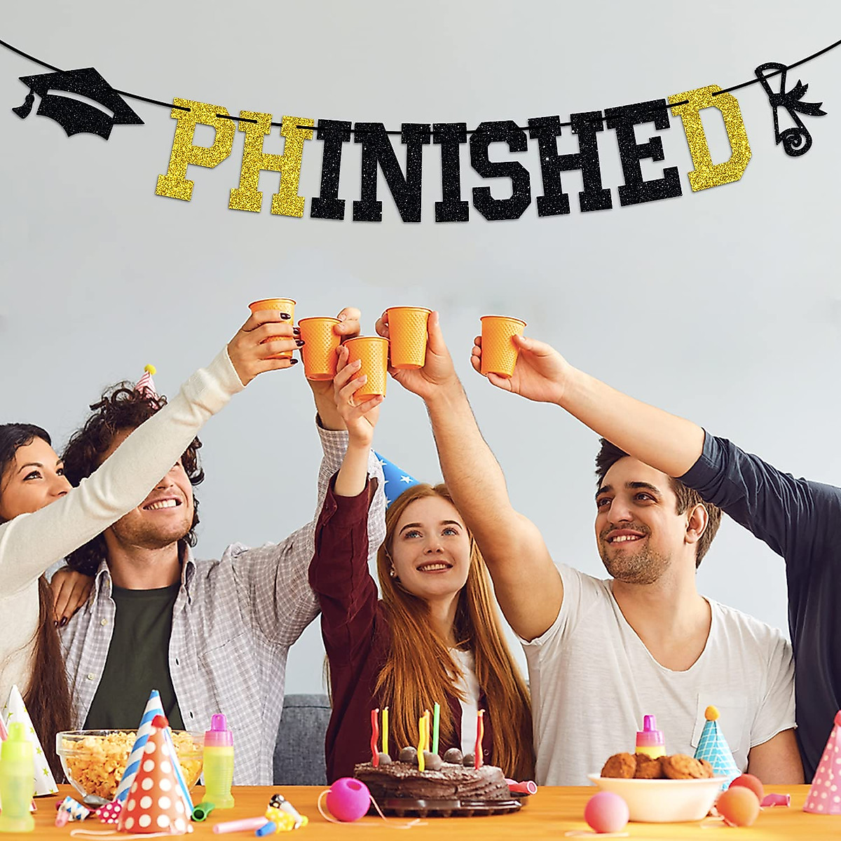 Phinished Banner, Class of 2025 Master Doctor Degree, Congrats Phd College Graduation Party Decoration Supplies, Gold and Black Glitter