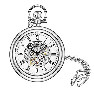 Stuhrling Original Men's Pocket Watch Stainless Steel Analog Skeleton Watch Hand Wind Mechanical Movement Stainless Steel Chain