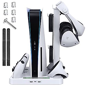 Hastraith Stand for PSVR 2 & PS5 Console, [5 in 1] Stand with Cooling Fan, Dual Controller Magnetic Charging Port for PSVR 2 & PS5, Charging Indicator Light, Storage Stand Perfect for PSVR 2 & PS5