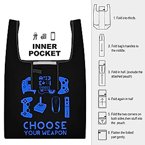 Choose Your Weapon Gamer Printed Reusable Grocery Bag with Handle Foldable Shopping Tote Bags Portable for Supermarket Camping