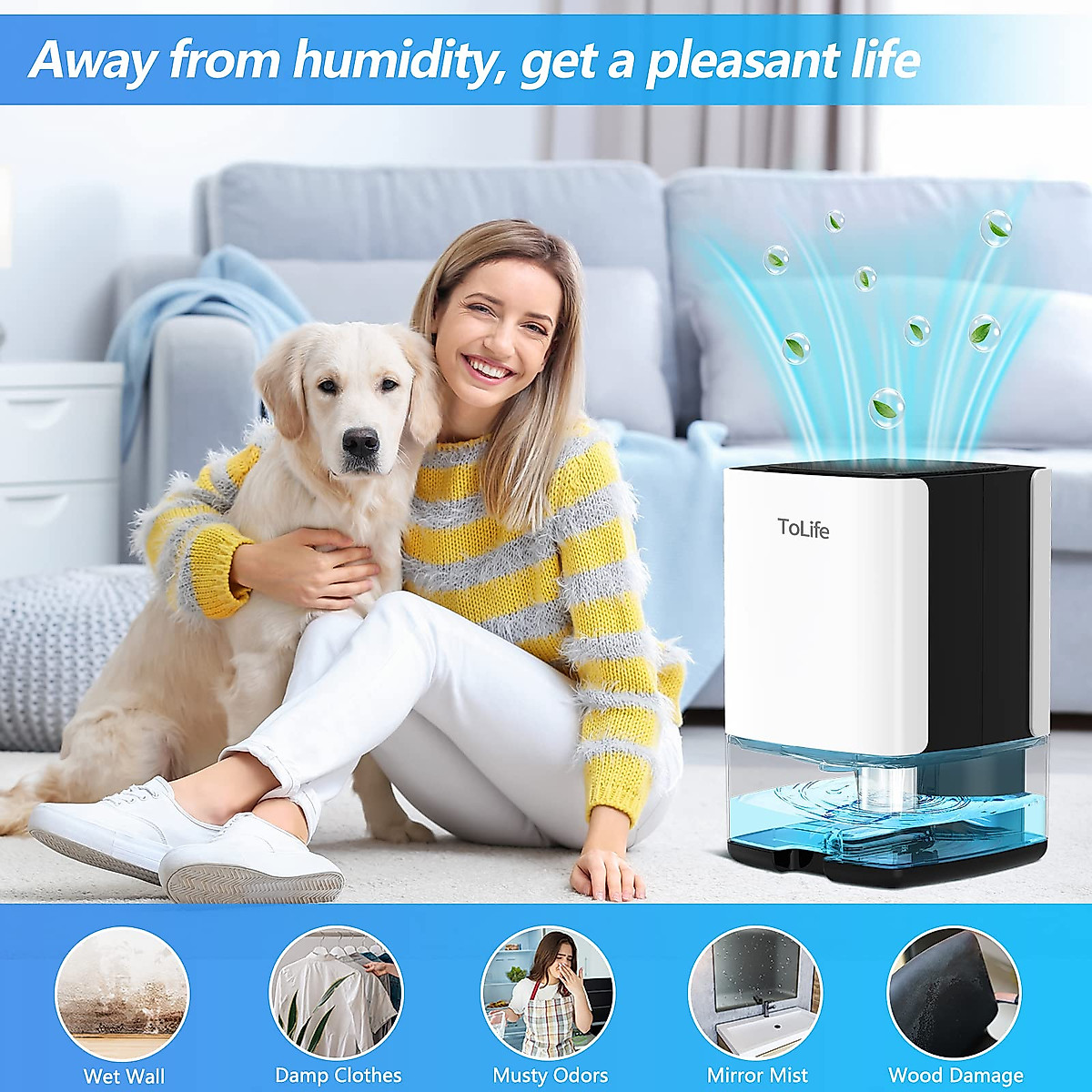 ToLife Dehumidifiers for Home 45 OZ Dehumidifier for Room with Auto-Off, Quiet Small Dehumidifier for Bathroom,Bedroom,RV, Closet 500 sq.ft