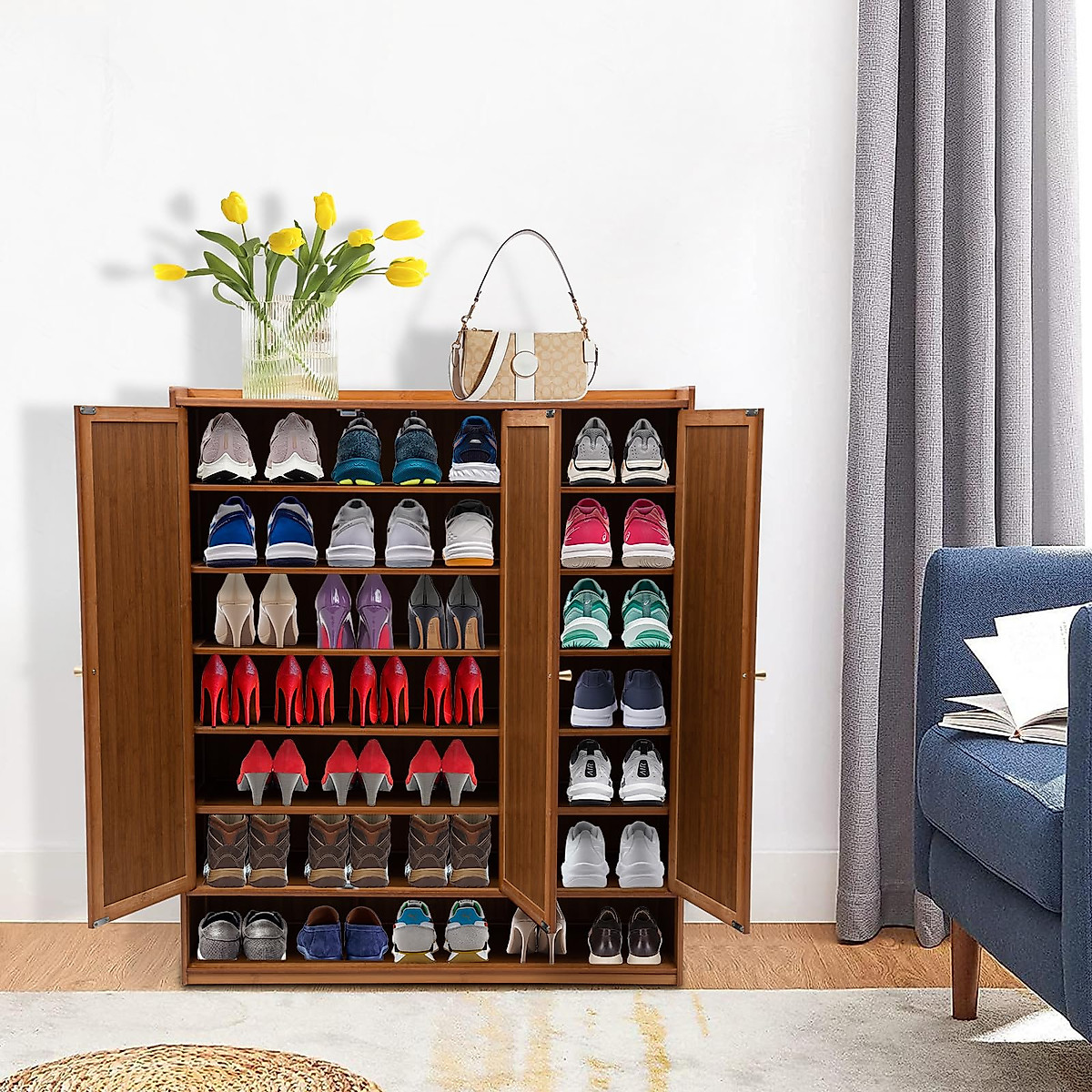 HYYKJ-US Modern Bamboo Shoe Storage Cabinet with Shutter Doors 8 Tier Freestanding Shoe Rack Shoe Floor Storage Organizer Rack for Entryway Living Room Bedroom 35.4" L×12.6" W×42.1" H