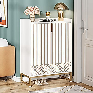 Tribesigns White Shoe Cabinet, 25 Pair Shoe Cabinets with Doors, 5-Tier Modern Shoe Rack Organizer Cabinet, Freestanding Wood Shoe Storage Cabinet with Gold Metal Frame for Bedroom Hallway Living Room