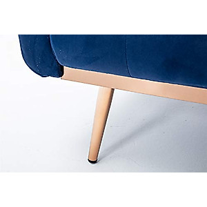 Woanke Mid Century Modern Velvet Fabric Home Living Room Bedroom, Convertible Futon Bed, Accent Sofa Recliner, Golden Metal Legs, 2 Couch Pillows, Navy
